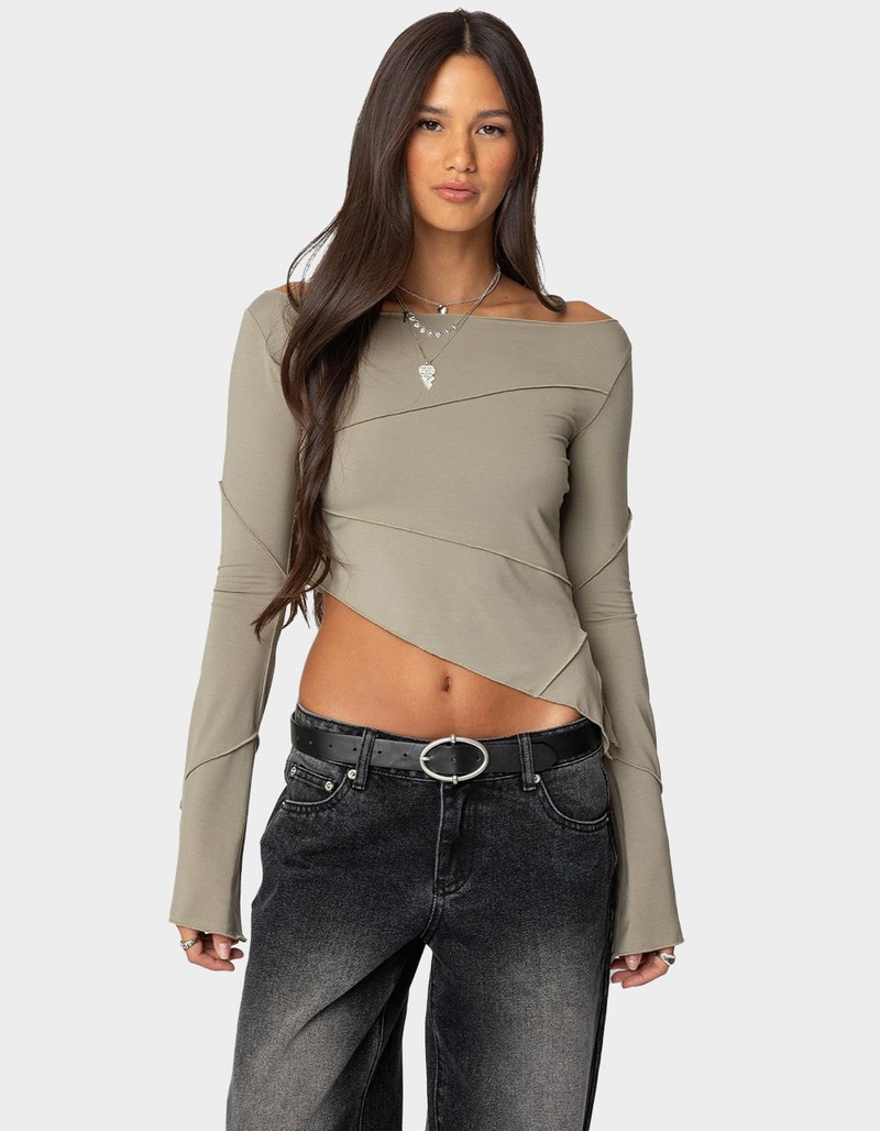 EDIKTED Maura Boat Neck Asymmetric Top - GREEN | Tillys