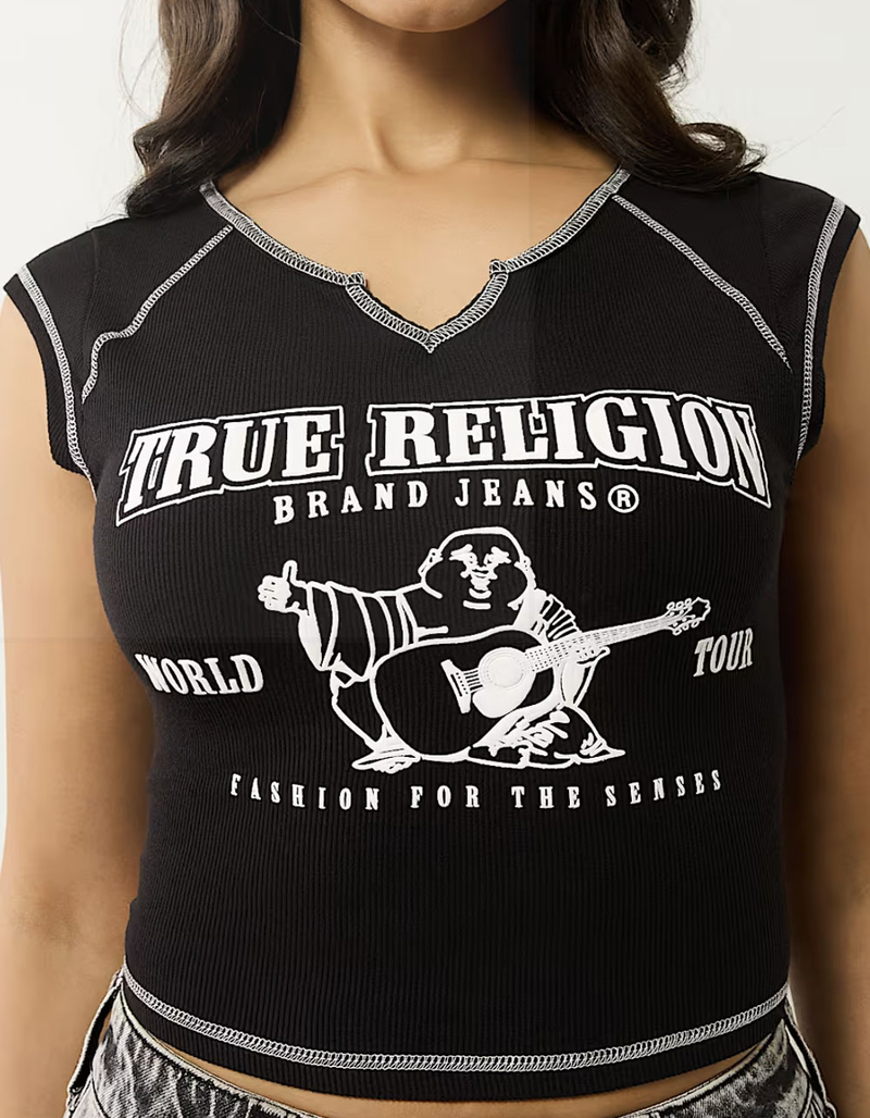 TRUE RELIGION Ribbed World Tour Notch Womens Baby Tee - BLACK - XS | Tillys