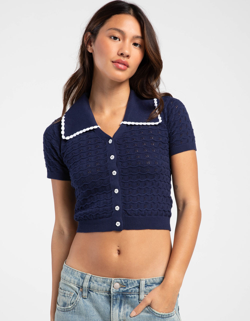RSQ Womens Pointelle Collared Button Up Shirt - NAVY | Tillys