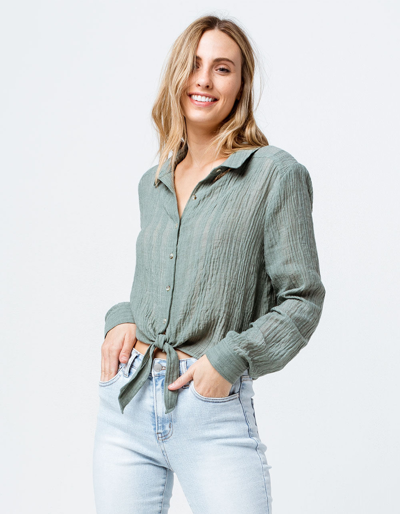 GOOD LUCK GEM Button Front Sage Womens Tie Front Top - SAGE | Tillys