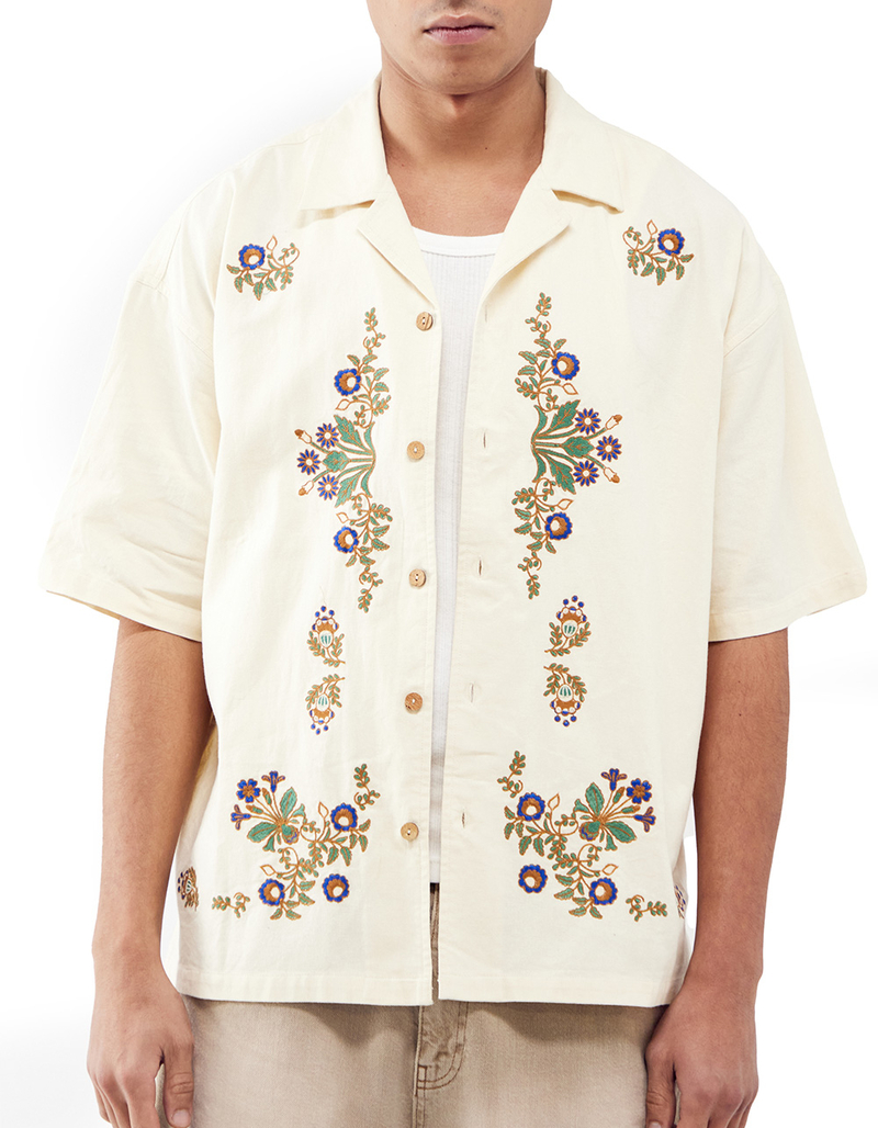 BDG Urban Outfitters Embroidered Mens Button Up Shirt - ECRU | Tillys