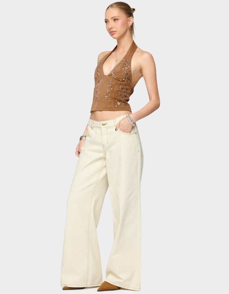 Edikted Contrast Stitch Low Rise Wide Leg Jeans Beige Tillys