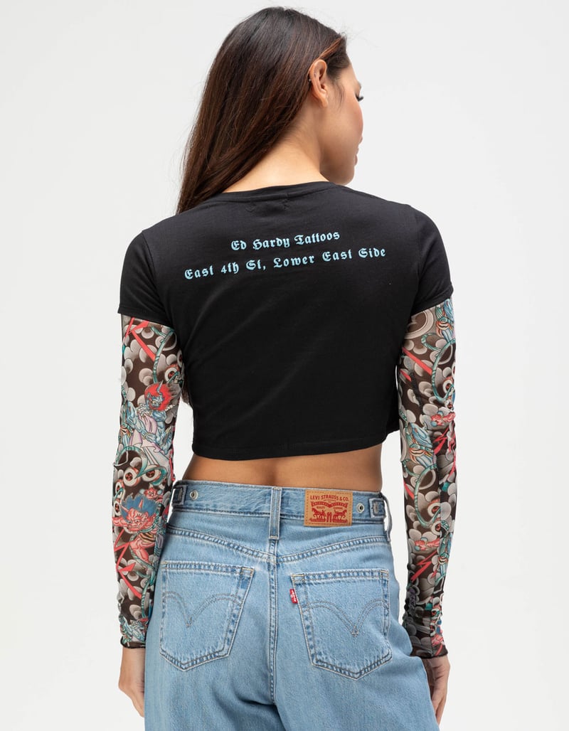 ED HARDY Koi Fish Womens 2fer Long Sleeve Tee - BLACK COMBO - XL | Tillys