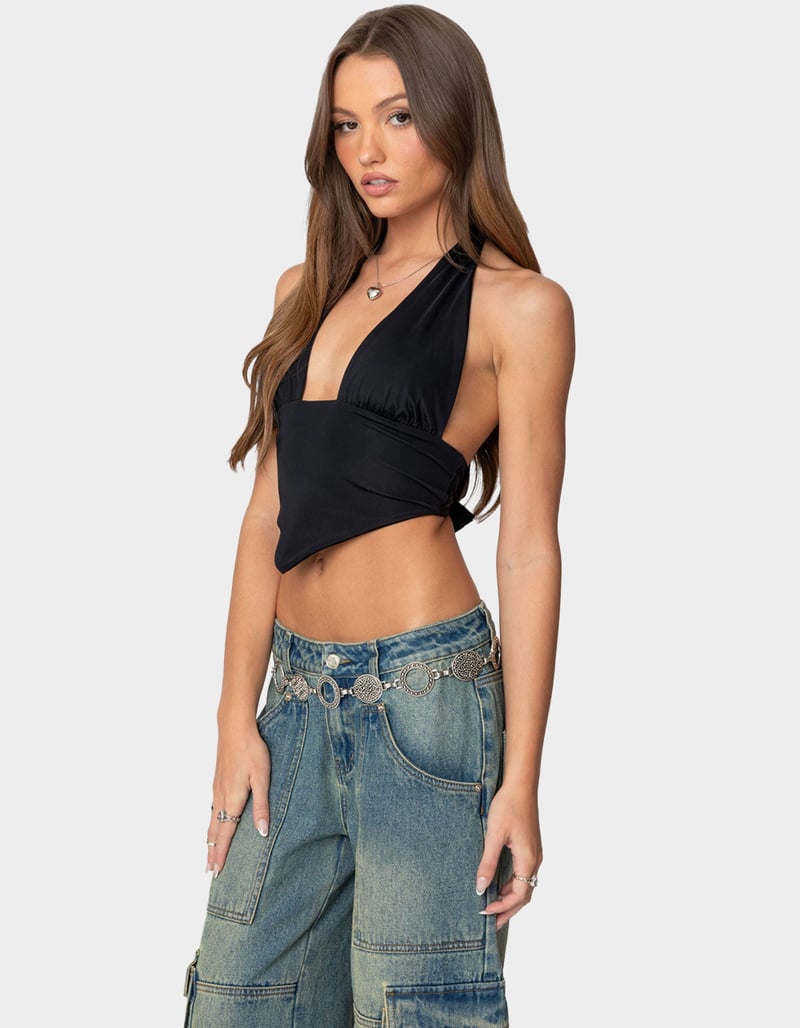EDIKTED Open Back Triangle Halter Top - BLACK | Tillys