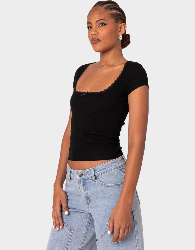 EDIKTED Priscilla Lace Trim Tee - BLACK | Tillys
