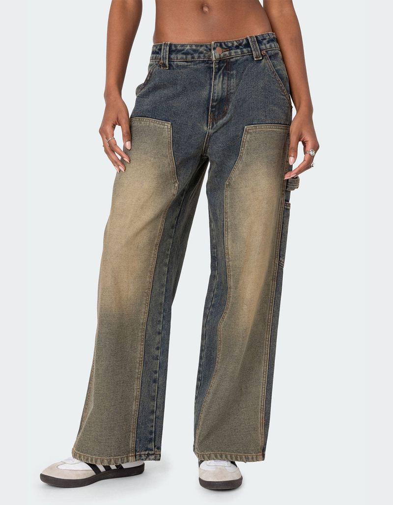 EDIKTED Contrast Panel Low Rise Washed Jeans - LIGHT BLUE | Tillys