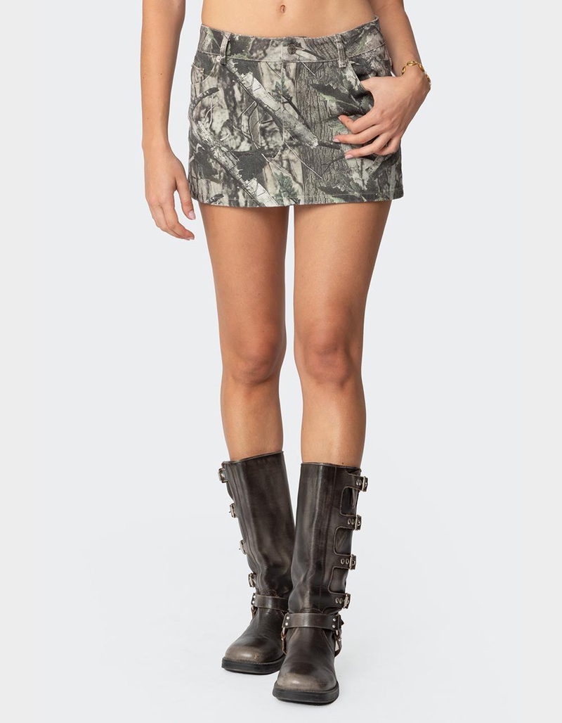 EDIKTED Camo Denim Mini Skirt - DK GREEN - L | Tillys