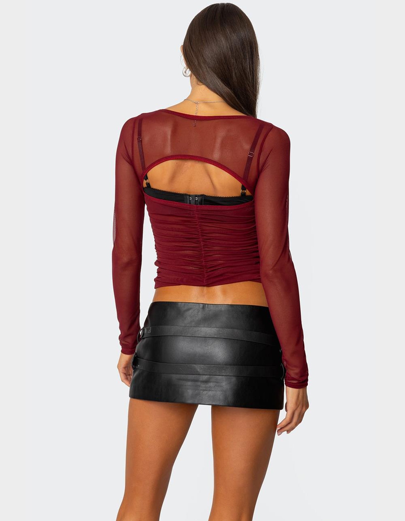 EDIKTED Tristina Ruched Mesh Bra Top - DK RED | Tillys