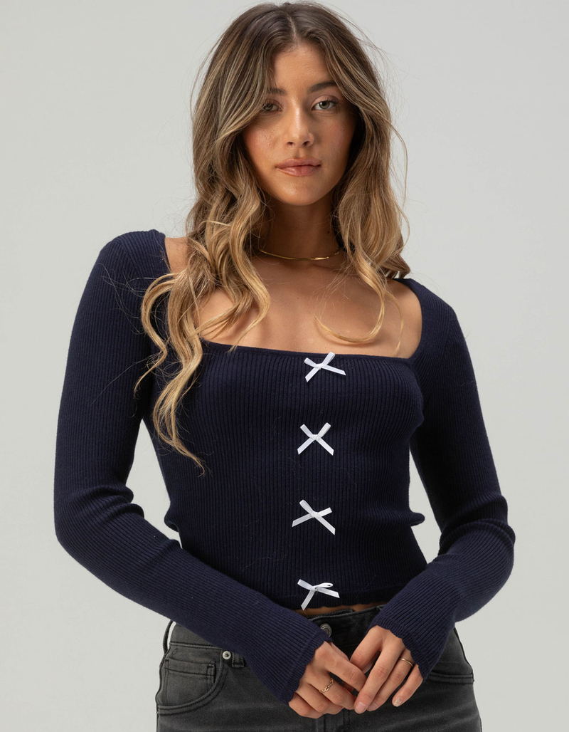 RSQ Womens Long Sleeve Square Neck Rib Bow Top - NAVY | Tillys