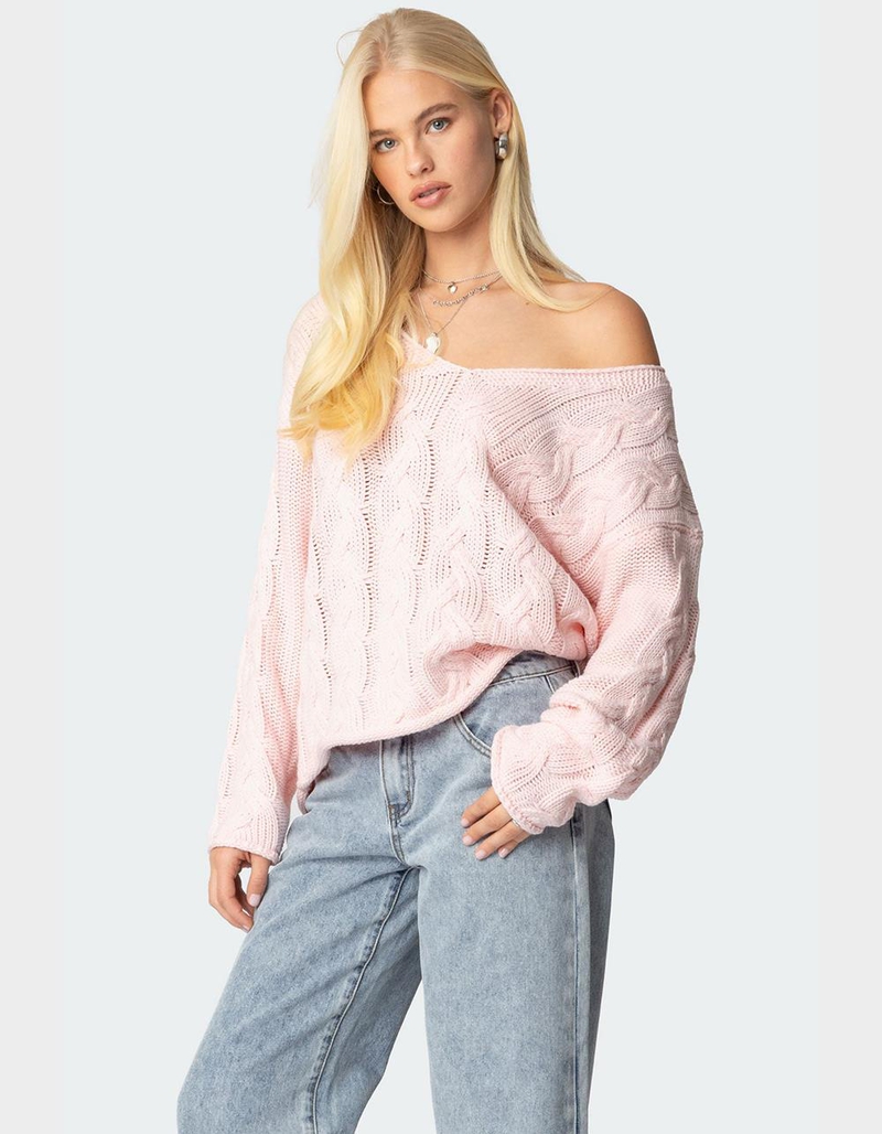 EDIKTED Inga Oversized Cable Knit Sweater - LIGHT PINK | Tillys