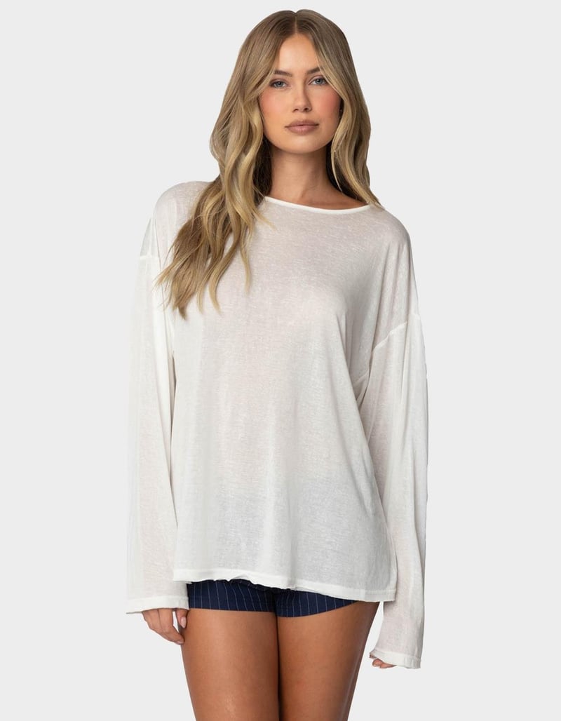 EDIKTED Oversized Semi Sheer Long Sleeve Tee - WHITE - XS | Tillys