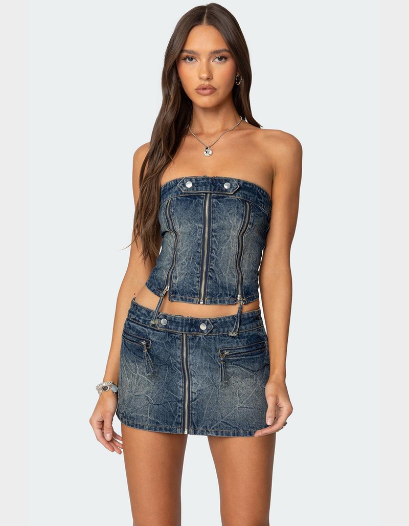 EDIKTED Guinevere Zip Washed Denim Top - LIGHT BLUE - S | Tillys