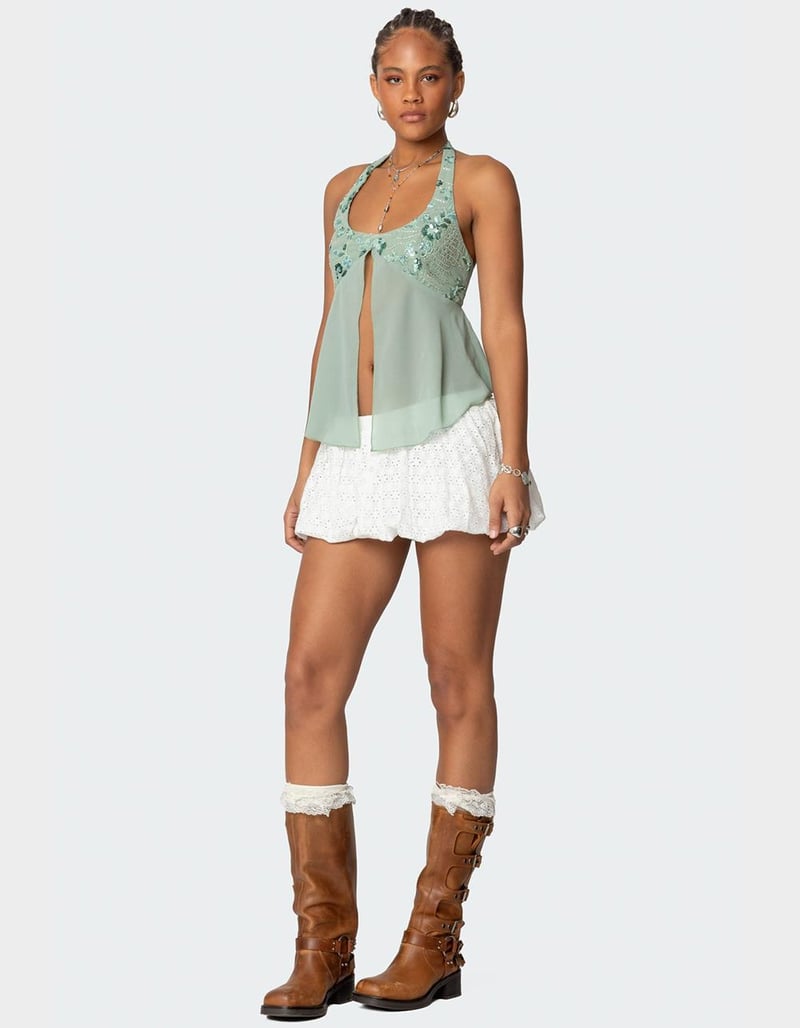 EDIKTED Sequin Chiffon Split Front Top - DK GREEN - XS | Tillys