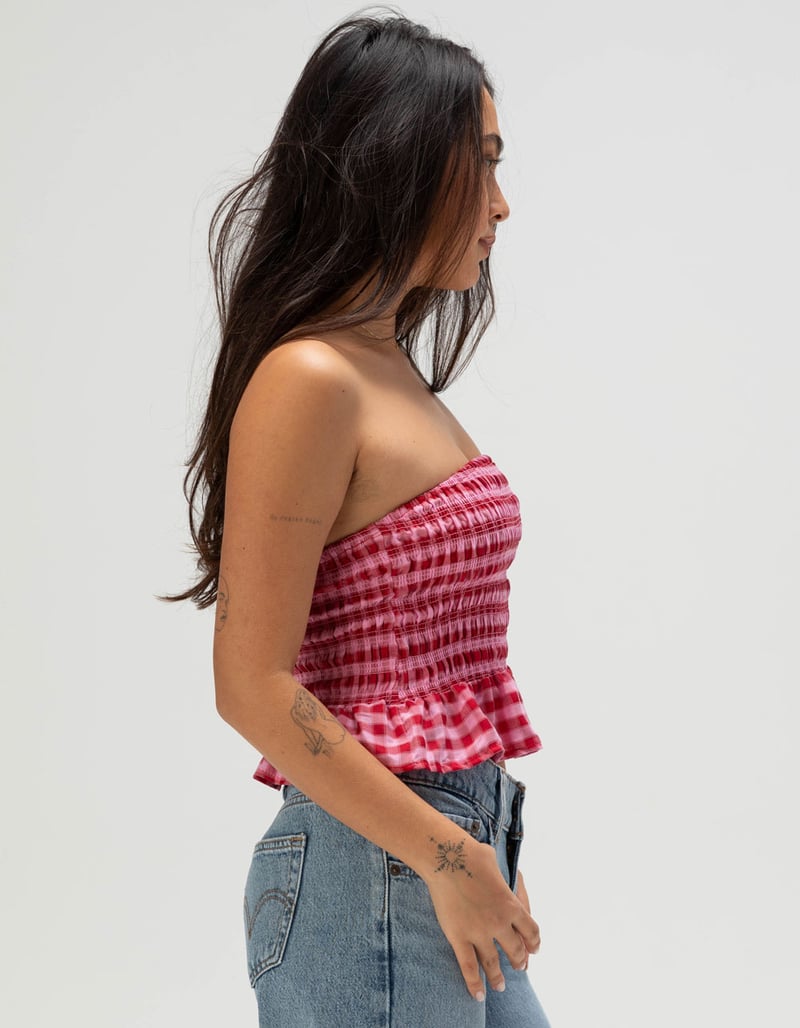 FULL TILT Smocked Plaid Peplum Tube Top - RED COMBO - XXS | Tillys