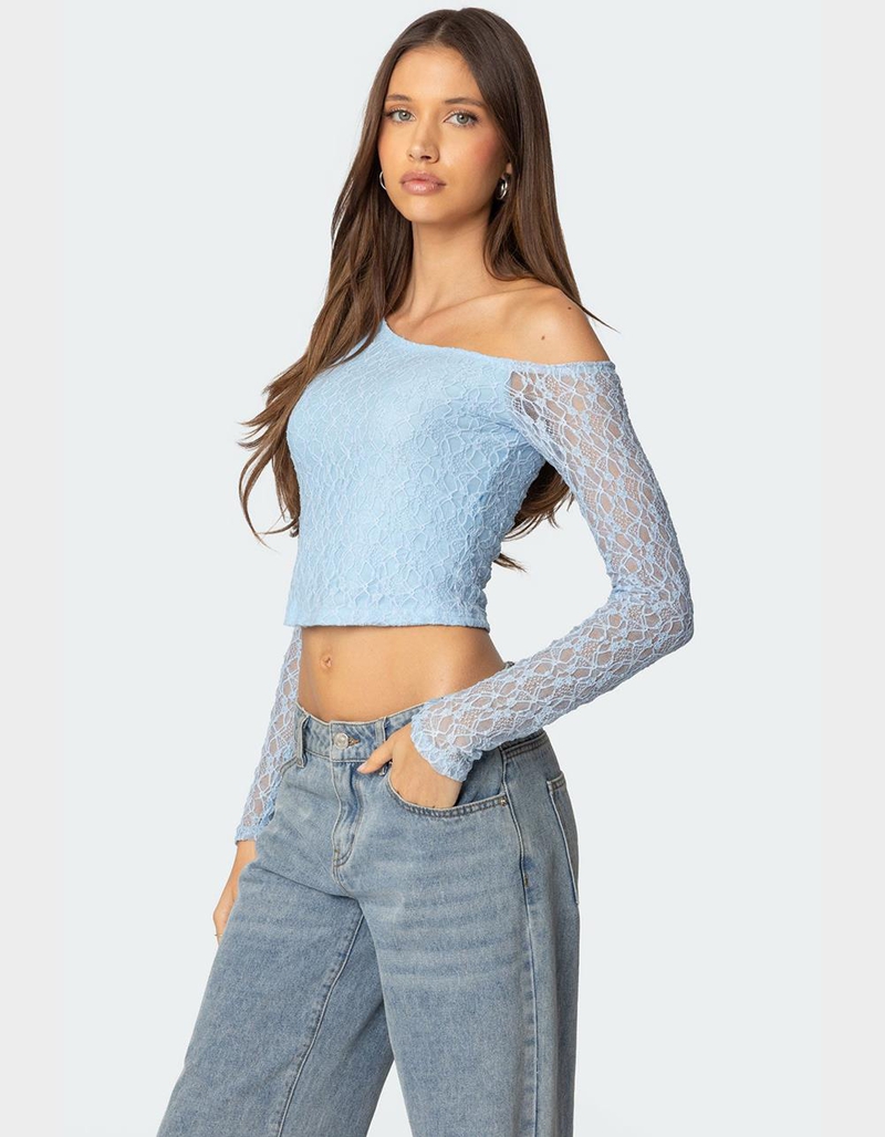 EDIKTED Fabia Asymmetric Textured Lace Top - LIGHT BLUE - XS | Tillys
