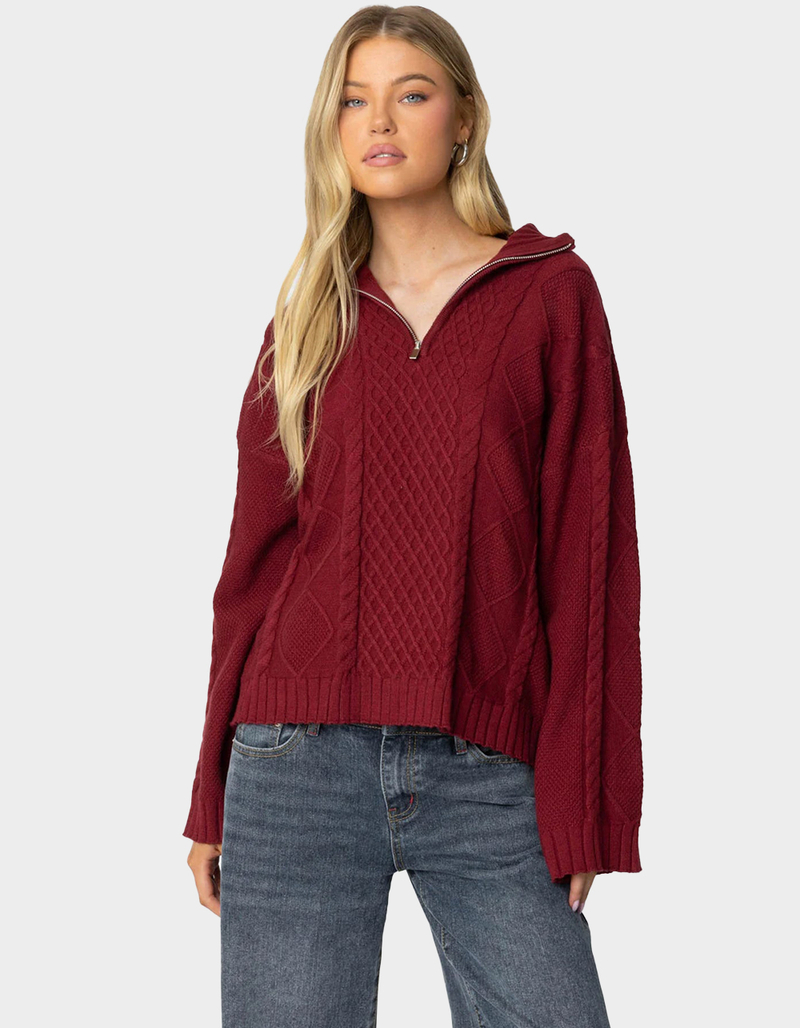 EDIKTED Oversized Quarter Zip Cable Knit Sweater - DK RED | Tillys