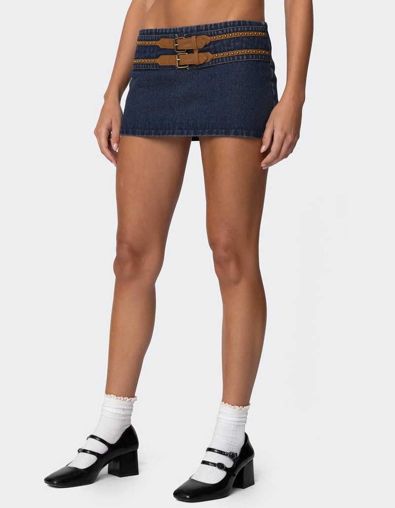 EDIKTED Sky Double Buckle Denim Mini Skort - BLUE - XL | Tillys