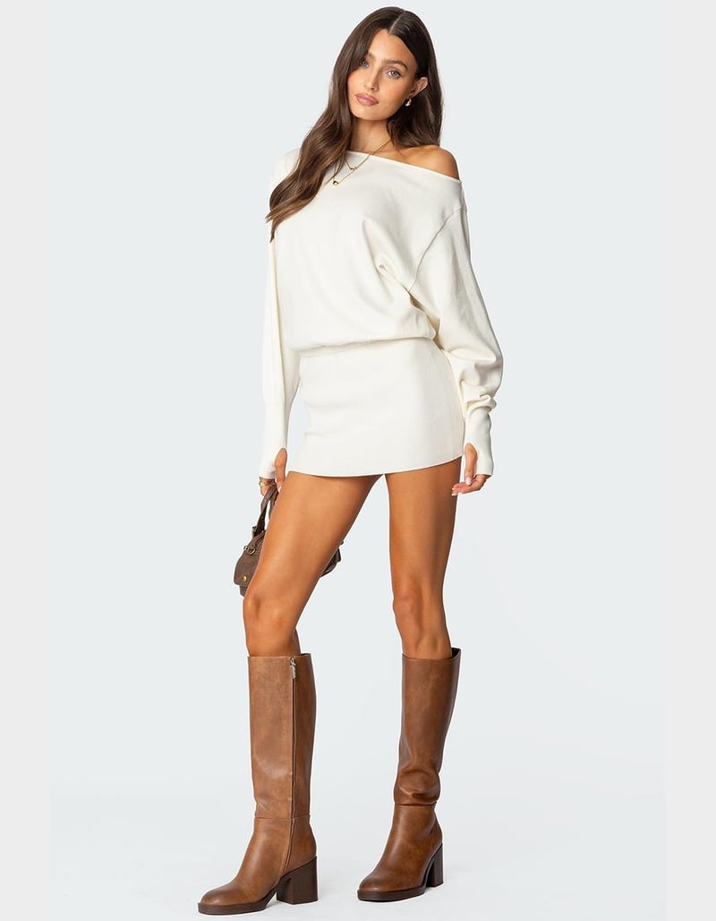 EDIKTED Eve Off Shoulder Knit Mini Dress - BEIGE | Tillys