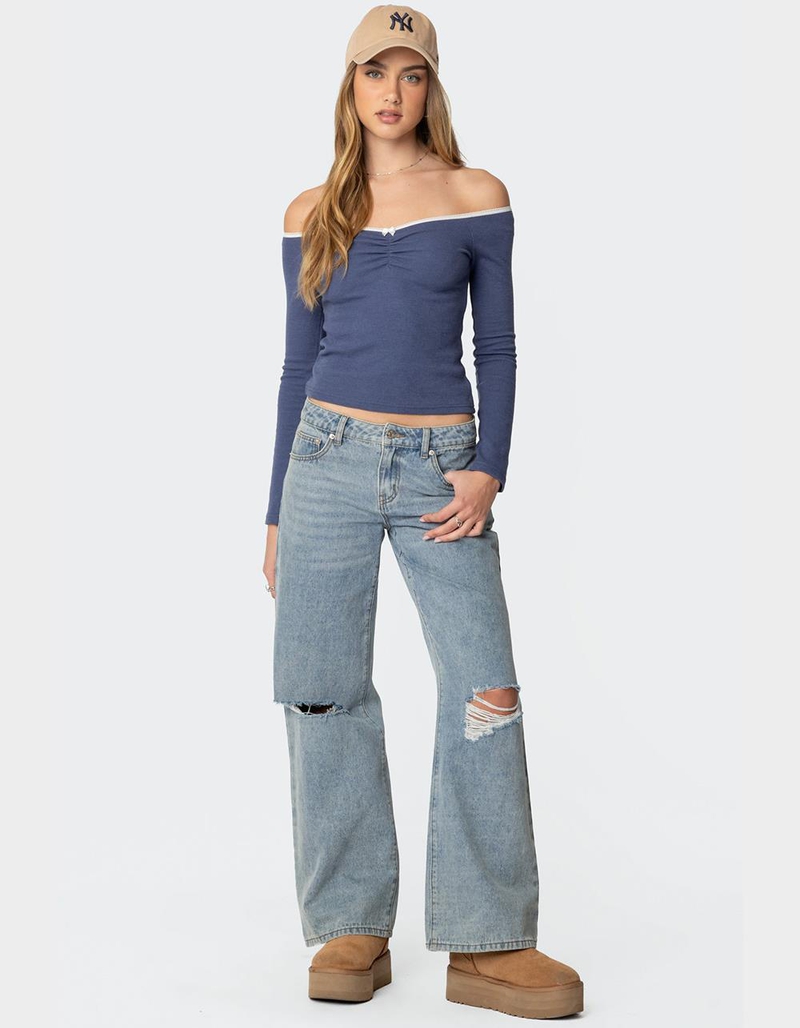 EDIKTED Tal Ruched Off Shoulder Top - NAVY | Tillys