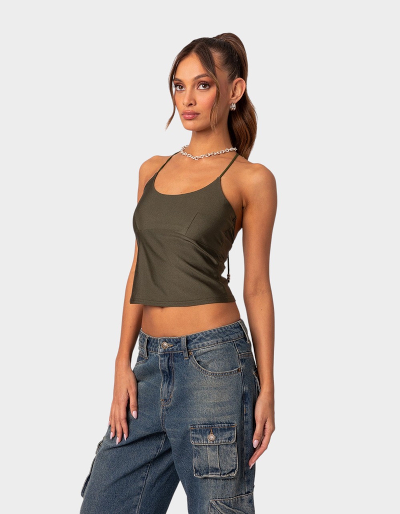 EDIKTED Sara Back Cut Out Tank Top - DK GREEN | Tillys