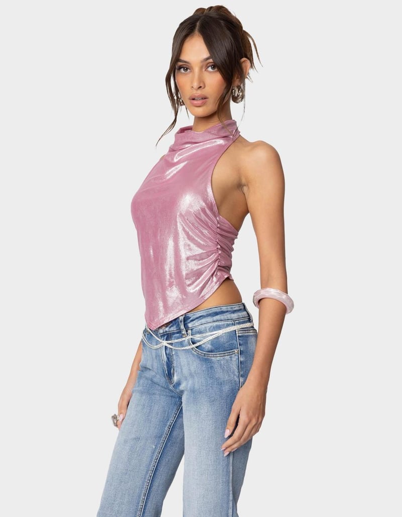 EDIKTED Shiny Backless Cowl Neck Top - PINK | Tillys