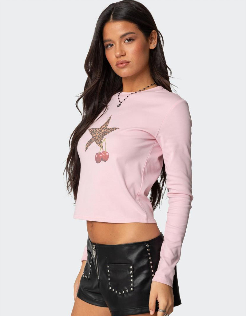 EDIKTED Cherry Leopard Star Long Sleeve Tee - PINK - XL | Tillys