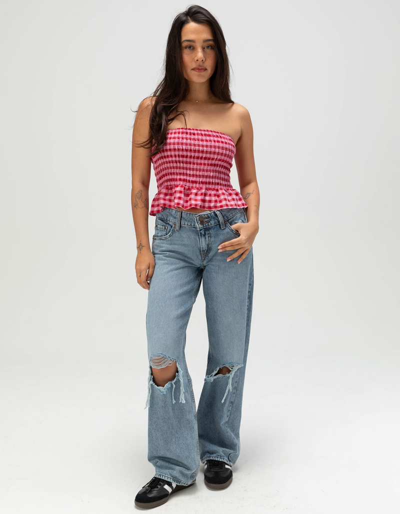 Full Tilt Smocked Plaid Peplum Tube Top Red Combo Tillys