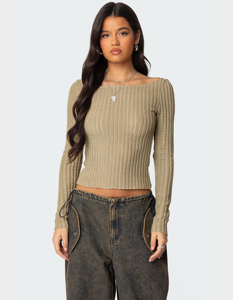EDIKTED Textured Sheer Boat Neck Top - DK GREEN - XL | Tillys