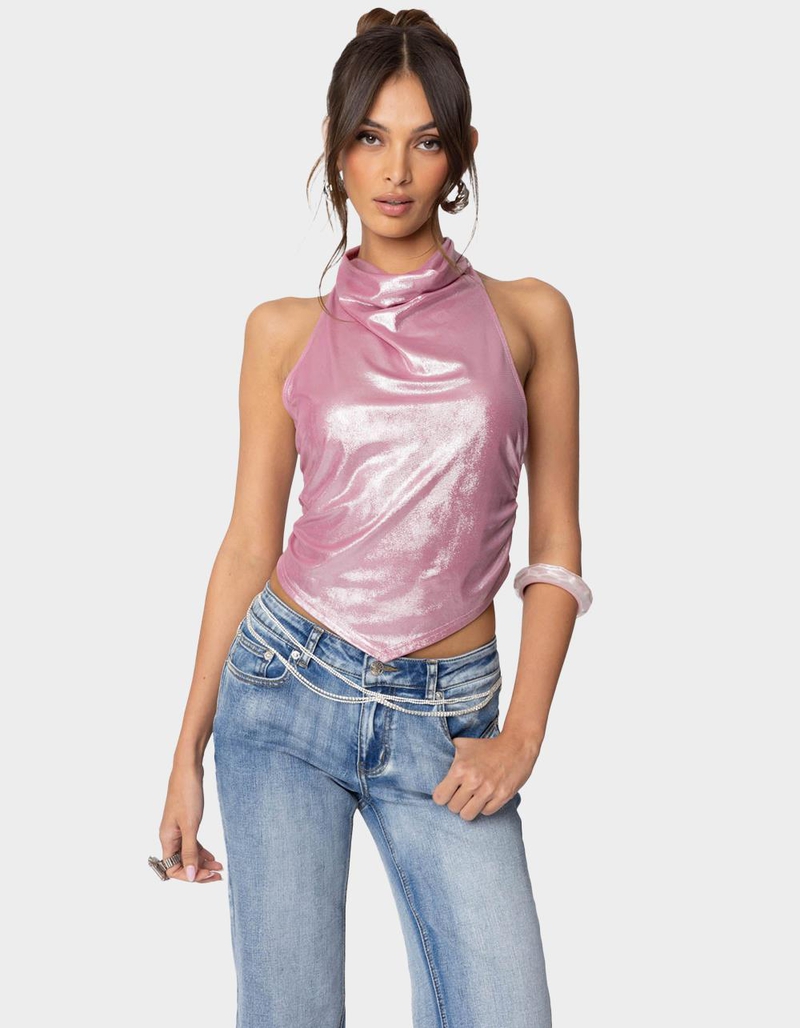 EDIKTED Shiny Backless Cowl Neck Top - PINK | Tillys