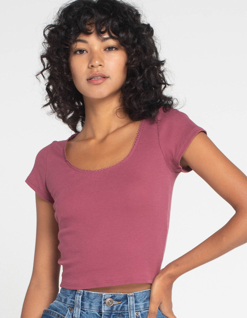 BOZZOLO Picot Trim Womens Mauve Tee - MAUVE - M | Tillys