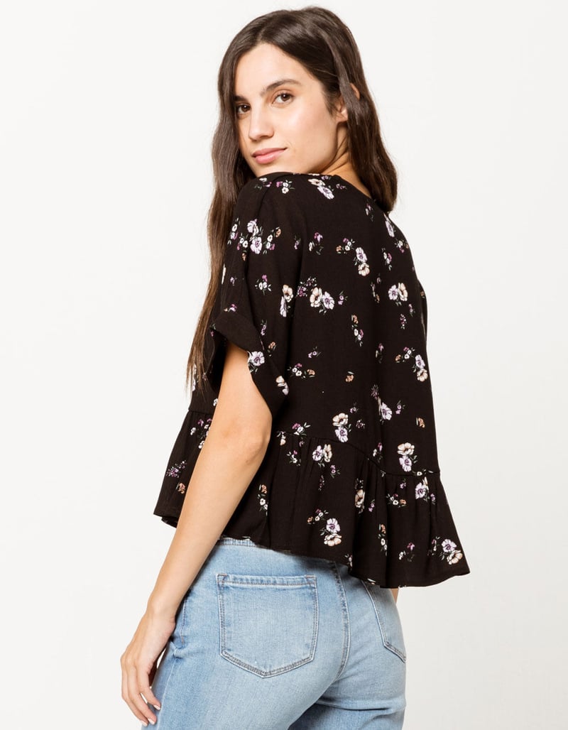 IVY & MAIN Ditsy Roll Cuffs Womens Babydoll Top - BLACK COMBO | Tillys