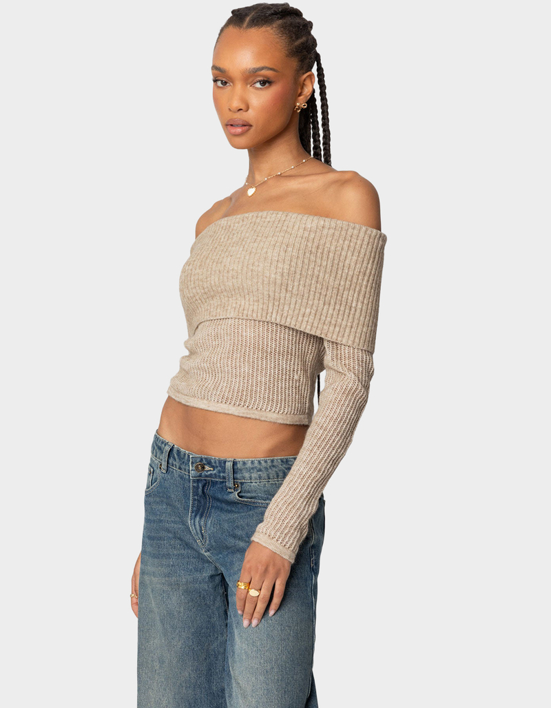 EDIKTED Lili Fold Over Knit Top - BEIGE | Tillys