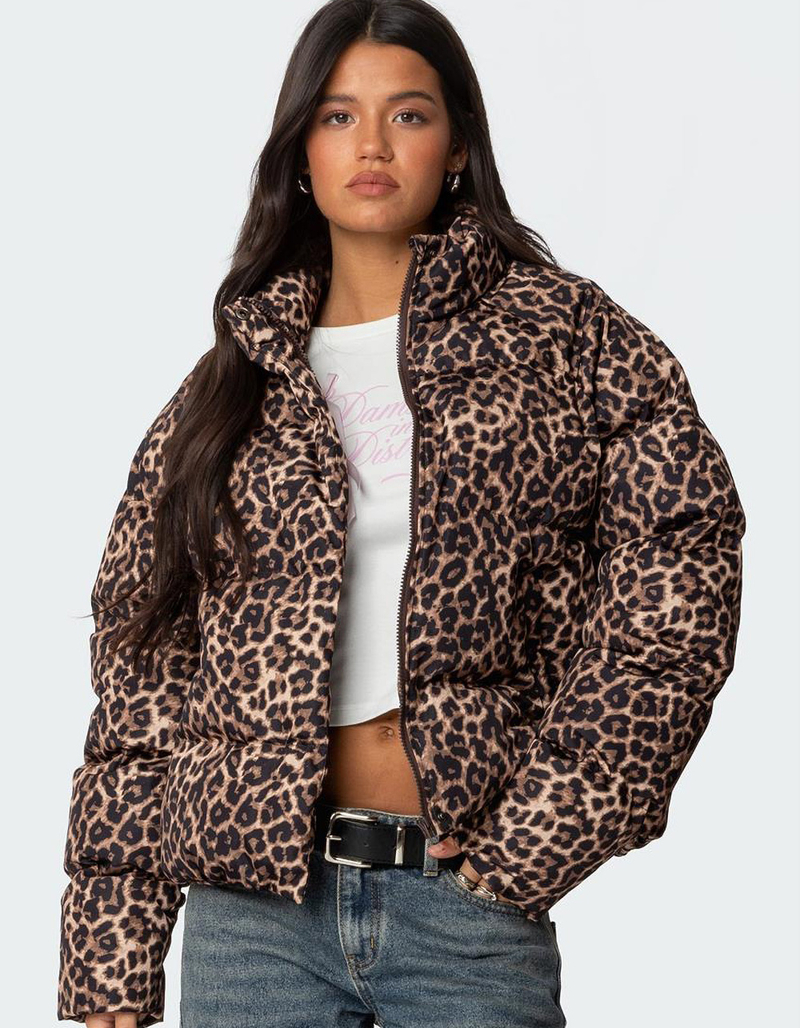 EDIKTED Dalya Leopard Printed Puffer Jacket - ORANGE - S | Tillys