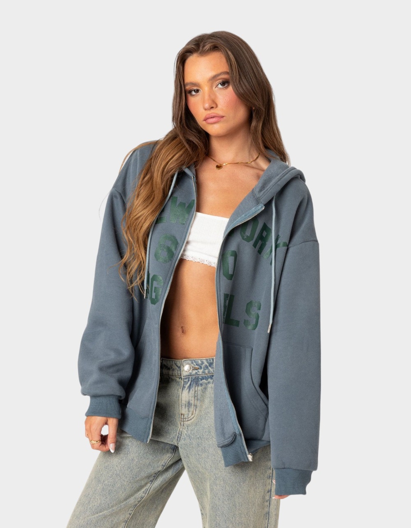 EDIKTED New York Angels Oversized Zip-Up Hoodie - BLUE | Tillys