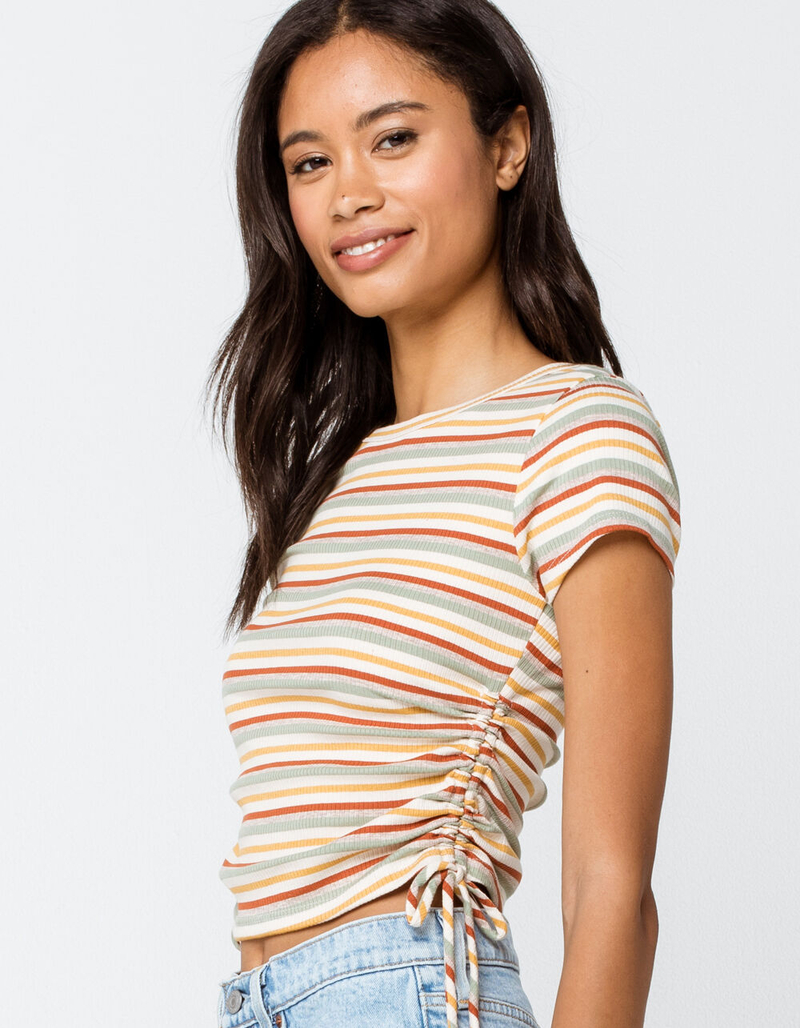 Sky And Sparrow Stripe Cinch Side Womens Mustard Tee Mustard Xxl
