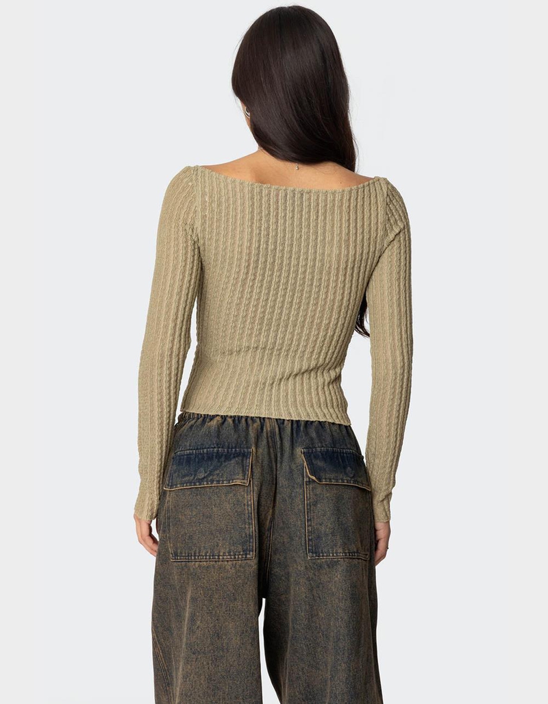 EDIKTED Textured Sheer Boat Neck Top - DK GREEN | Tillys