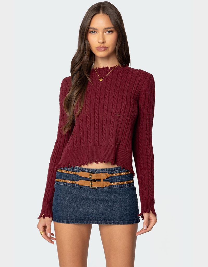 EDIKTED Split Open Back Cable Knit Sweater - DK RED - L | Tillys