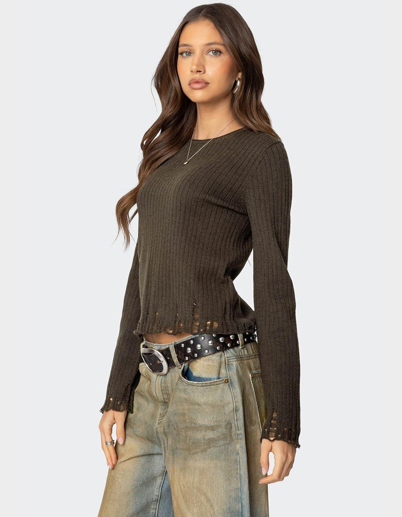 EDIKTED Distressed Ribbed Knit Sweater - DK GREEN | Tillys