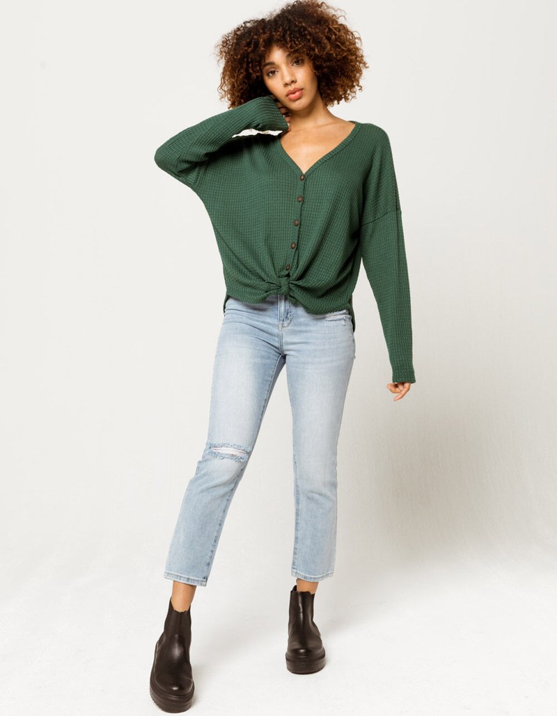 Sky And Sparrow Button Tie Front Hunter Green Womens Thermal Top