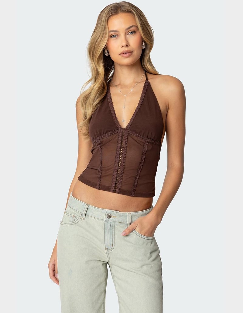 EDIKTED Lucie Lacey Mesh Halter Top - BROWN | Tillys