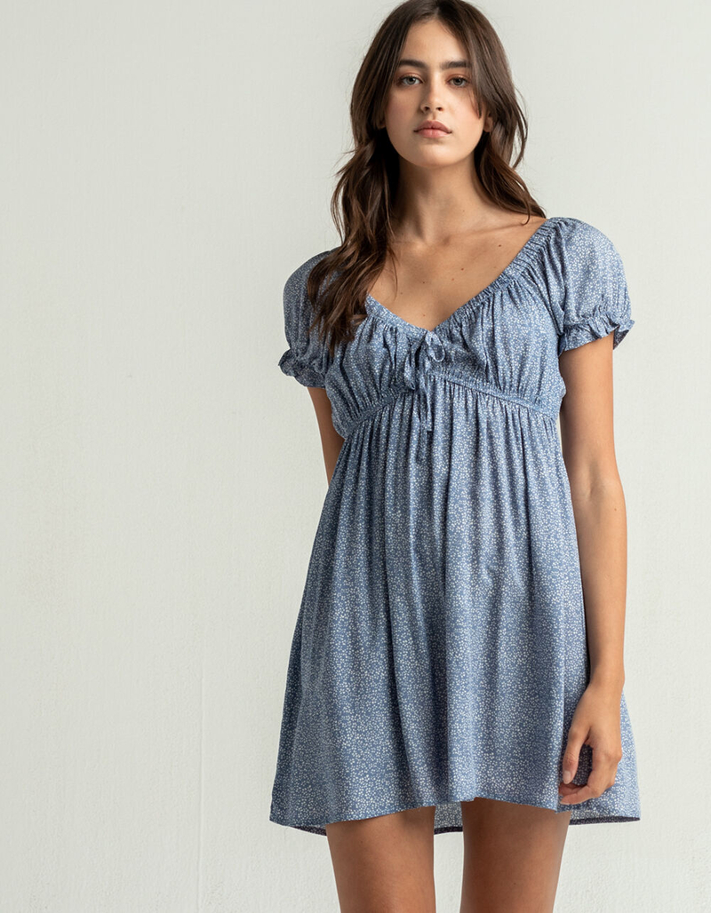 SKY AND SPARROW Ditsy Blue Puff Sleeve Babydoll Dress - BLUE COMBO ...