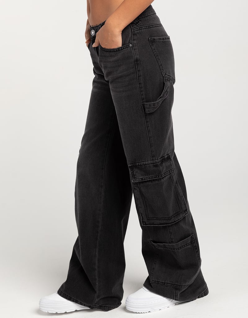 GEMMA RAE Low Rise Wide Leg Womens Cargo Pants - BLACK DENIM | Tillys