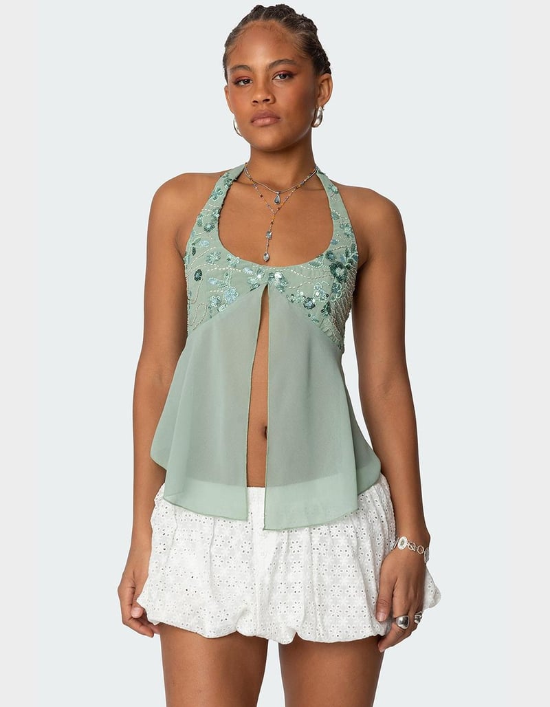 EDIKTED Sequin Chiffon Split Front Top - DK GREEN | Tillys