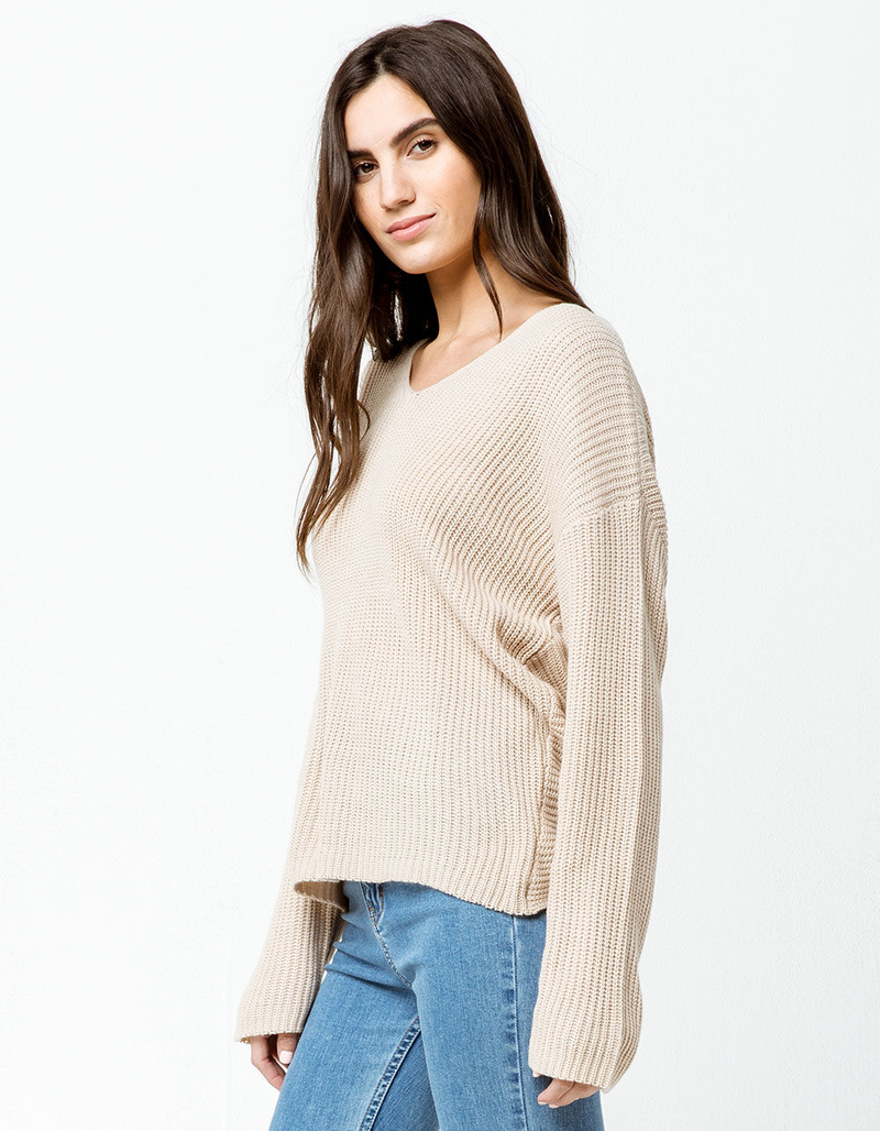 SKY AND SPARROW V-Neck Twist Back Tan Womens Sweater - TAN | Tillys