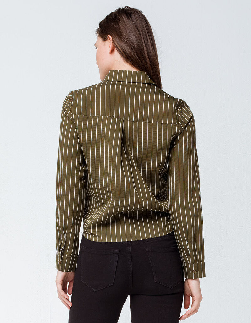 Sky And Sparrow Stripe Button Olive Womens Tie Front Top Olive