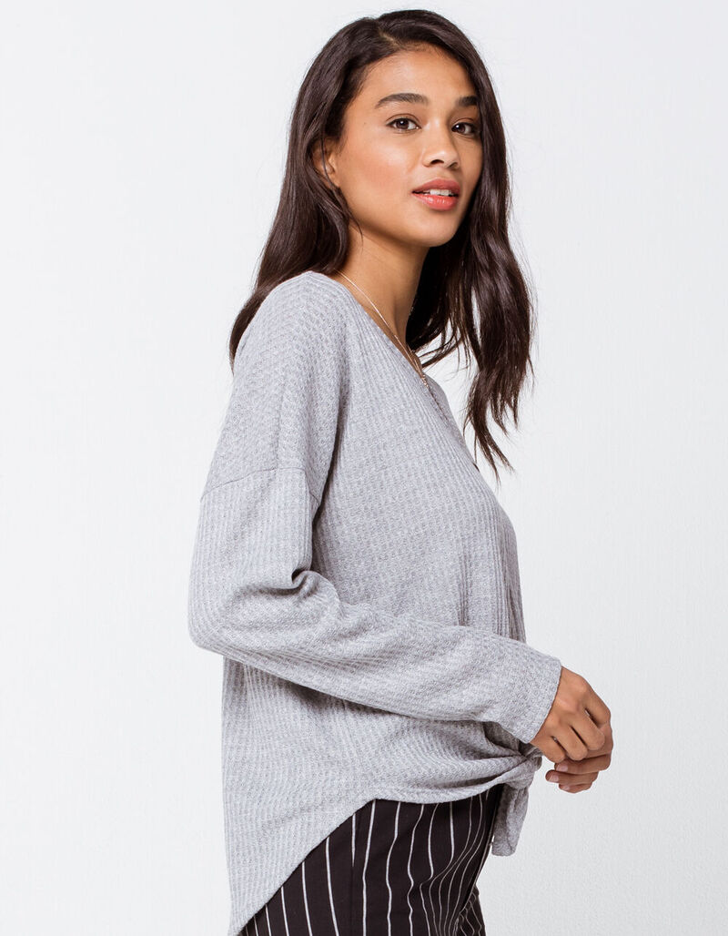 Sky And Sparrow Button Tie Front Heather Gray Womens Thermal Top