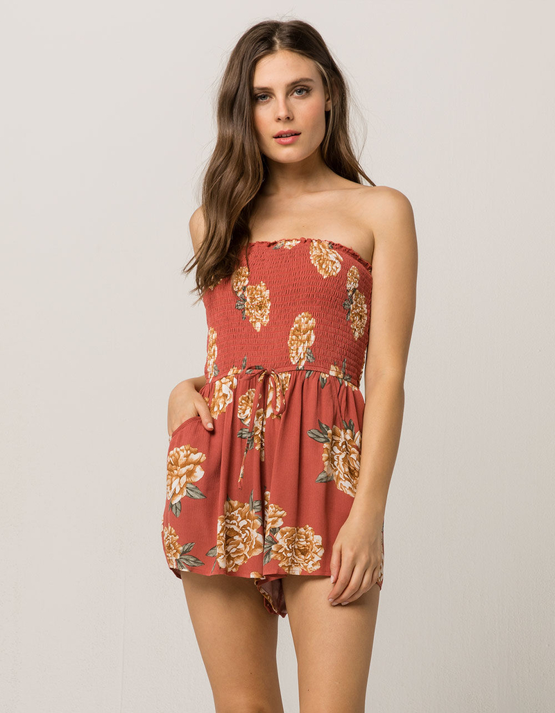BAND OF GYPSIES Smocked Floral Womens Romper - RUST - M | Tillys