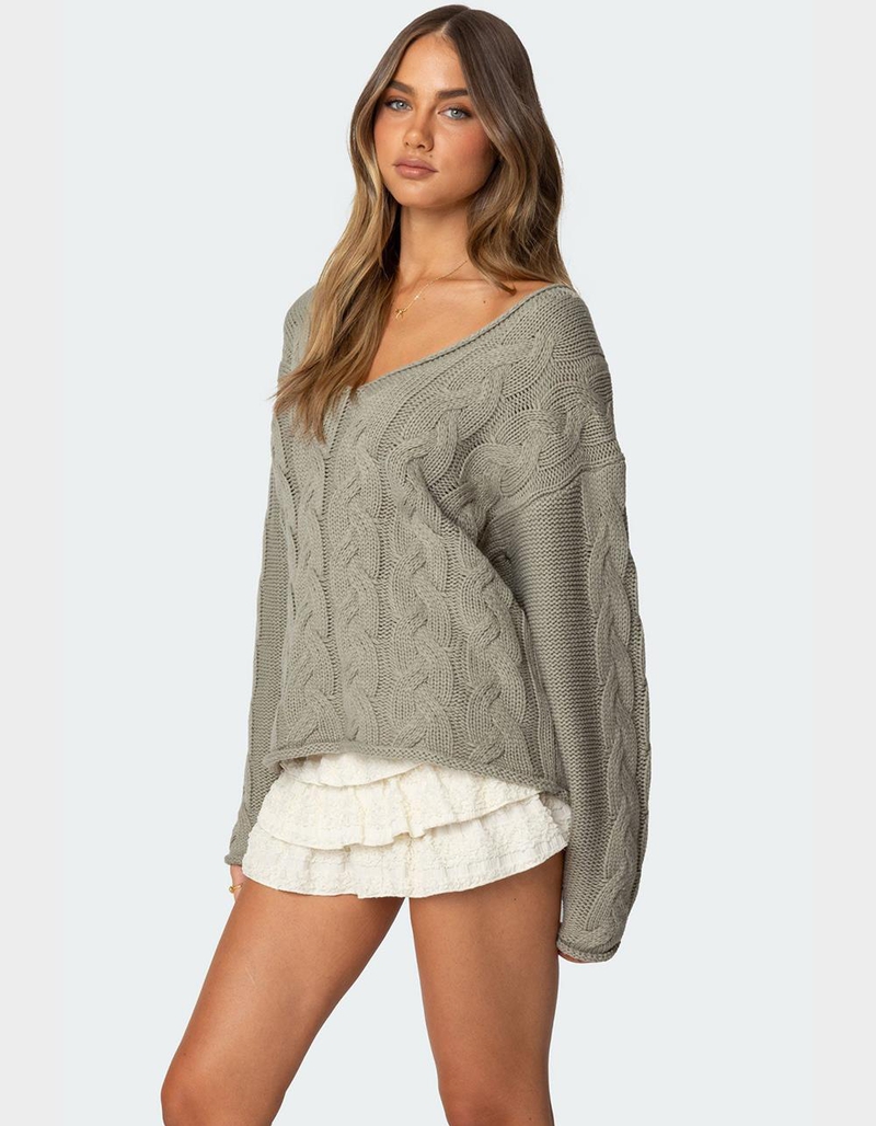 EDIKTED Inga Oversized Cable Knit Sweater - DK GREEN | Tillys