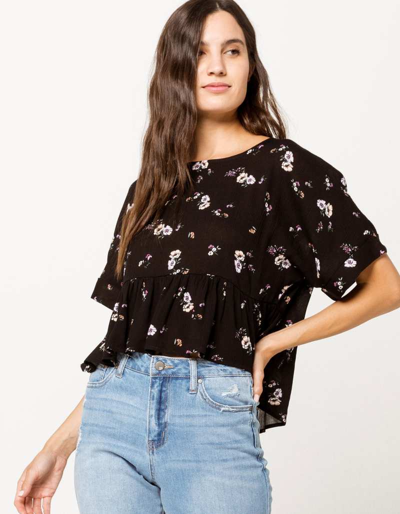 IVY & MAIN Ditsy Roll Cuffs Womens Babydoll Top - BLACK COMBO | Tillys