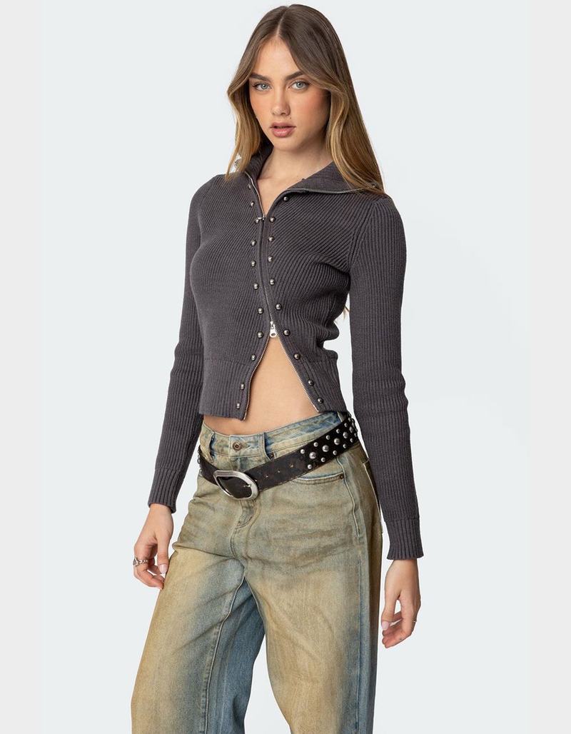 EDIKTED Ribbed Asymmetric Zip Up Cardigan - GRAY | Tillys